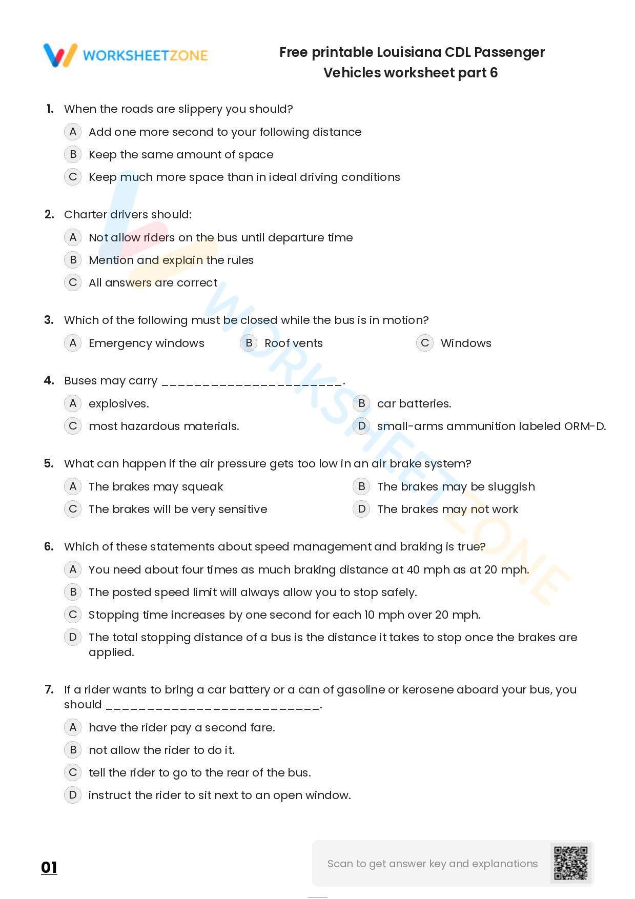 Free Printable Louisiana CDL Passenger Vehicles Worksheet Part 6