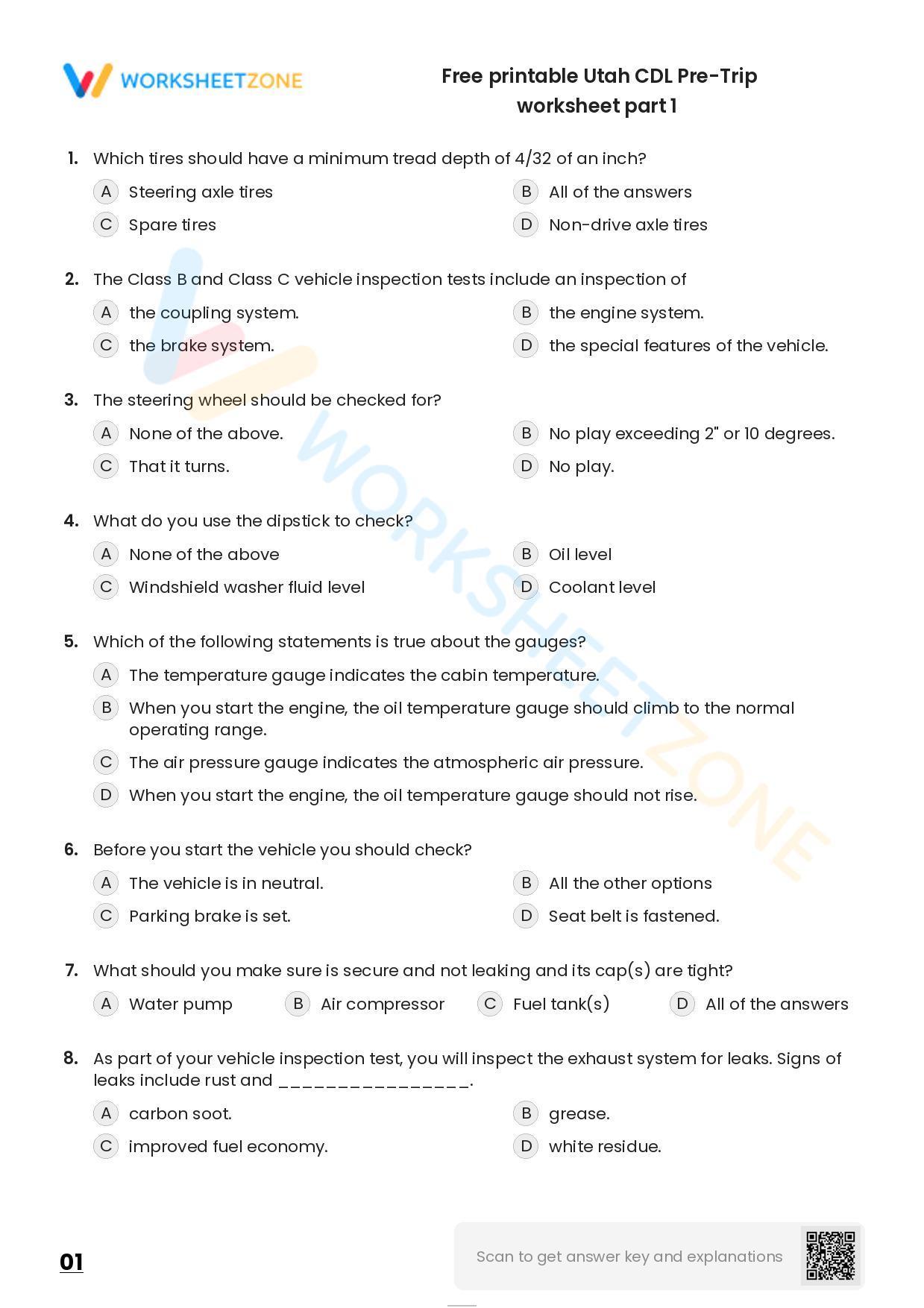 Free Printable Utah CDL Pre-Trip Worksheet Part 1