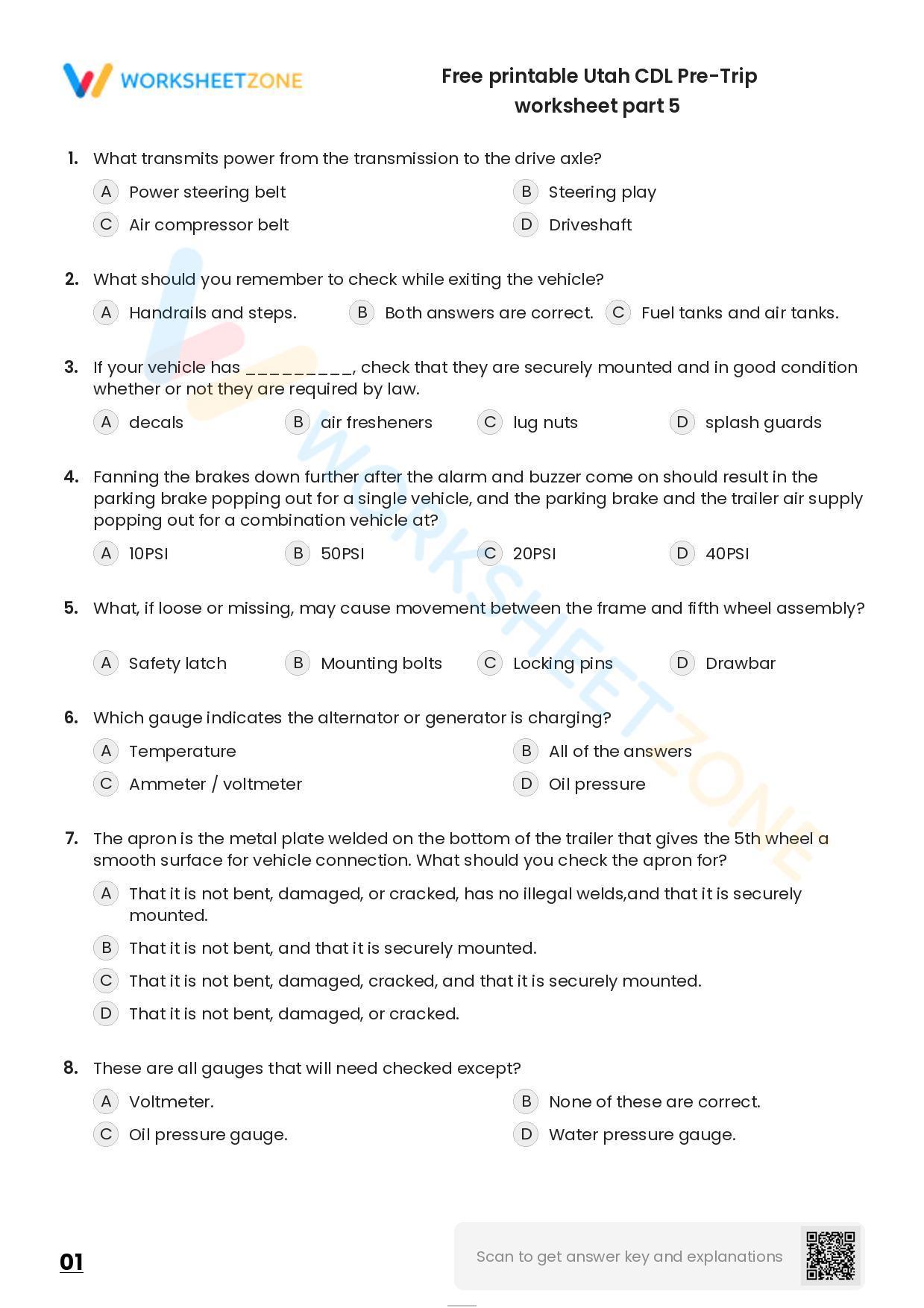 Free Printable Utah CDL Pre-Trip Worksheet Part 5