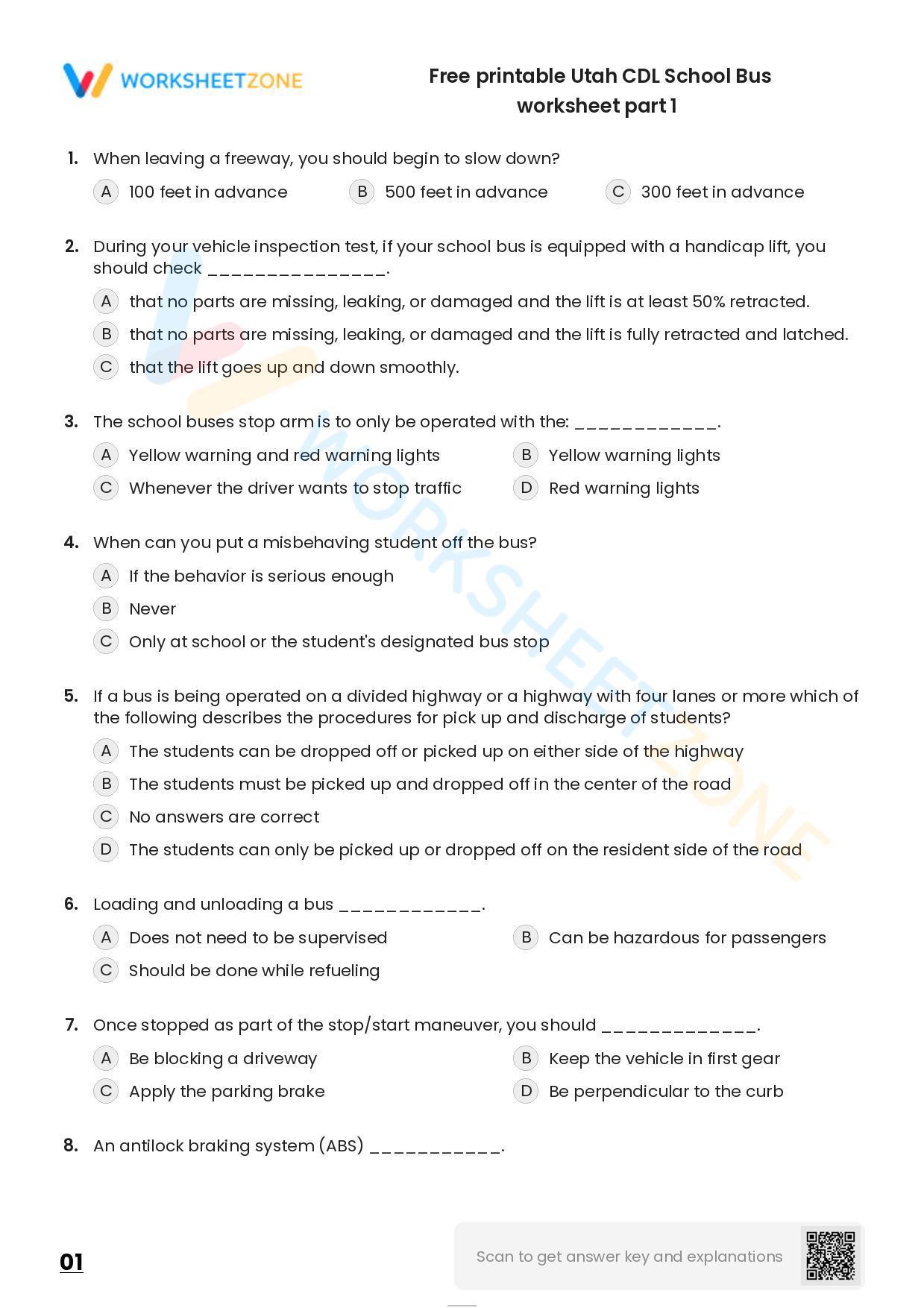 Free Printable Utah CDL School Bus Worksheet Part 1