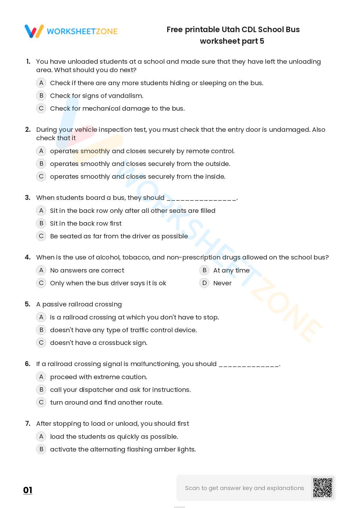 Free Printable Utah CDL School Bus Worksheet Part 5