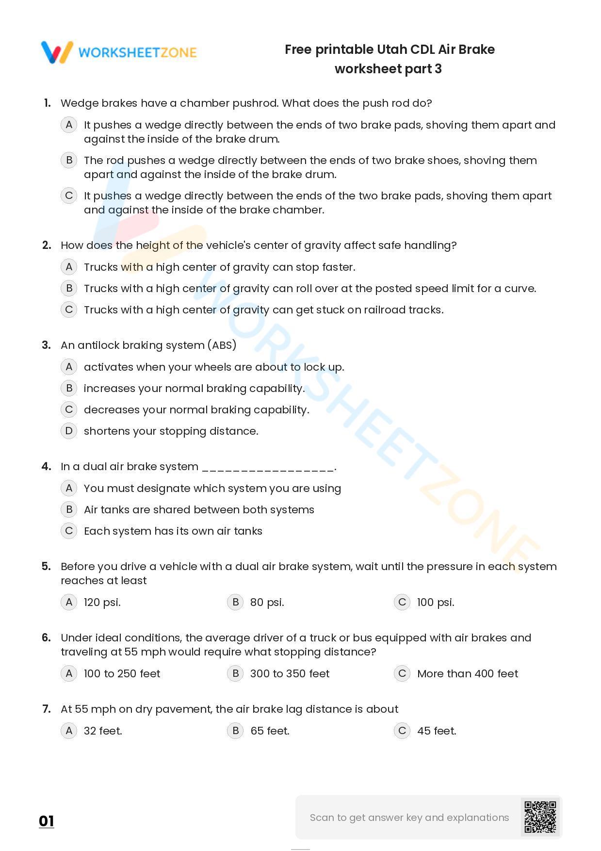 Free printable Utah CDL Air Brake worksheet part 3 | Worksheet Zone