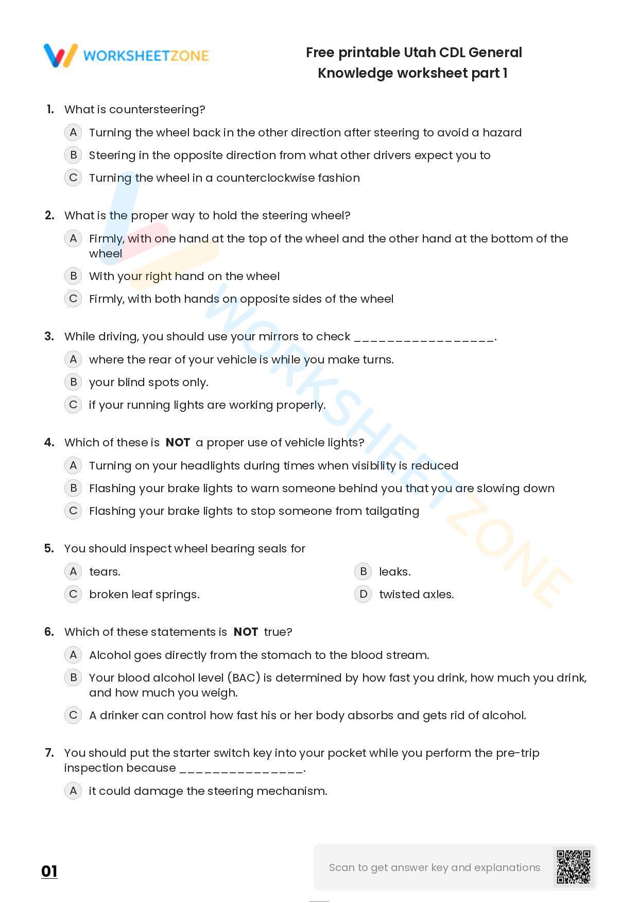 Free Printable Utah CDL General Knowledge Worksheet Part 1