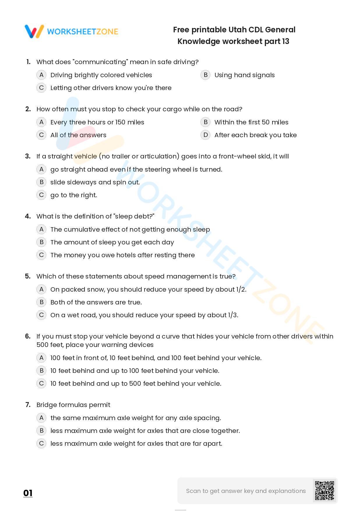 Free Printable Utah CDL General Knowledge Worksheet Part 13