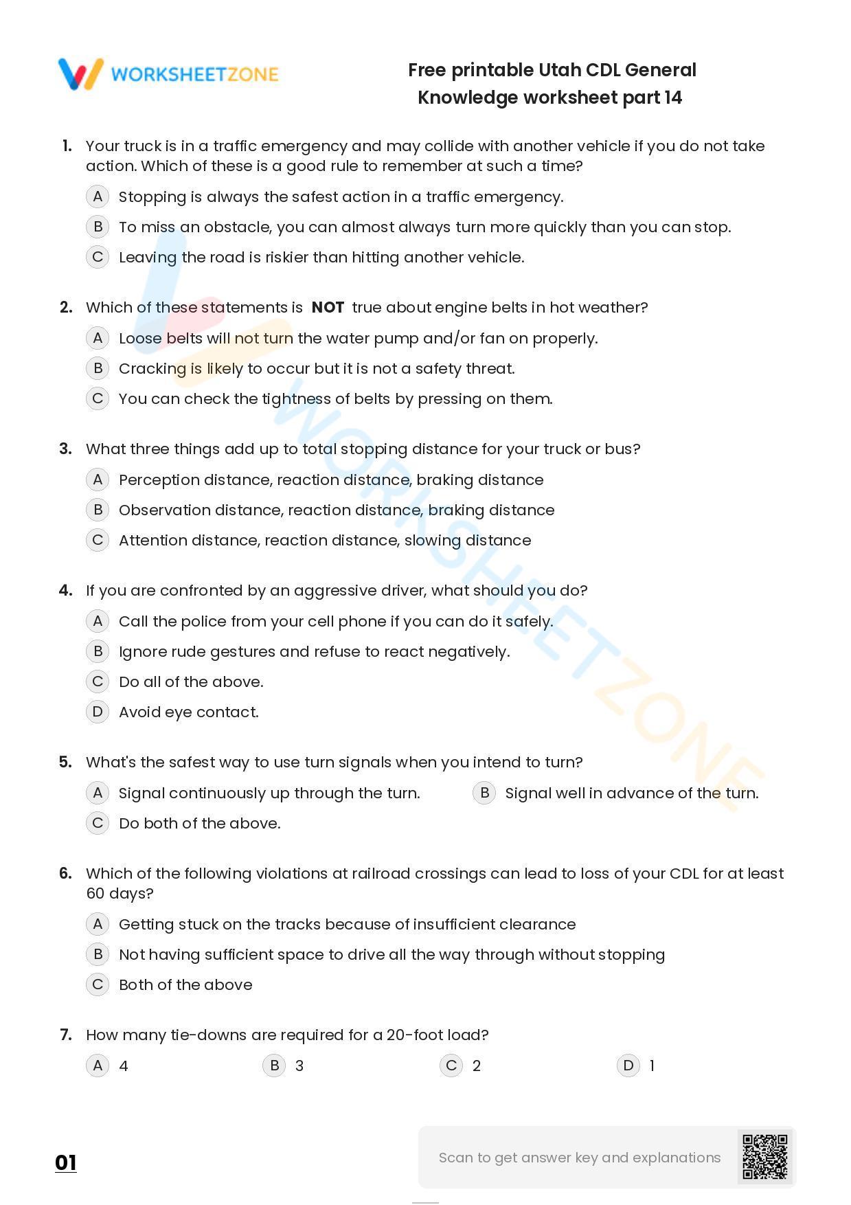 Free Printable Utah CDL General Knowledge Worksheet Part 14