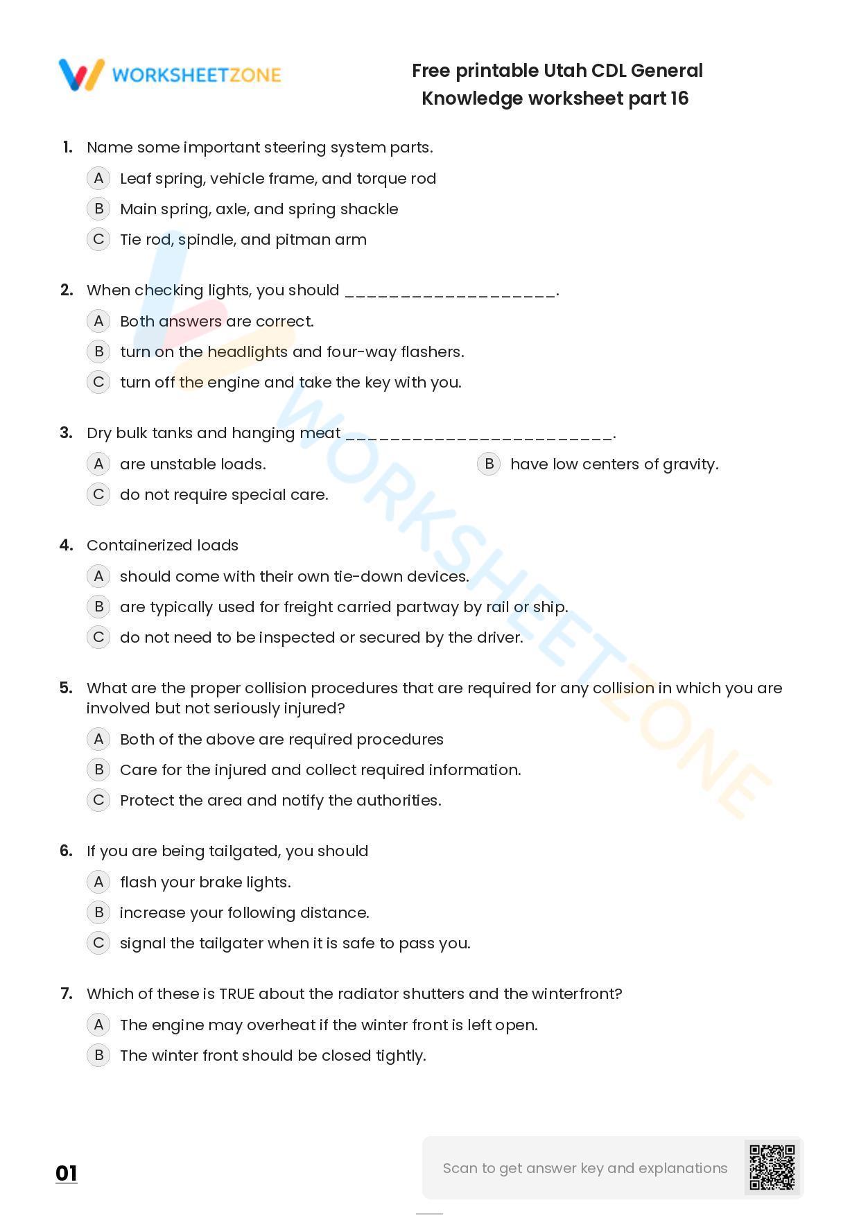 Free Printable Utah CDL General Knowledge Worksheet Part 16