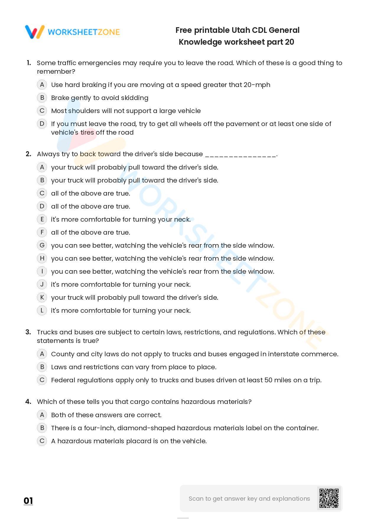 Free Printable Utah CDL General Knowledge Worksheet Part 20