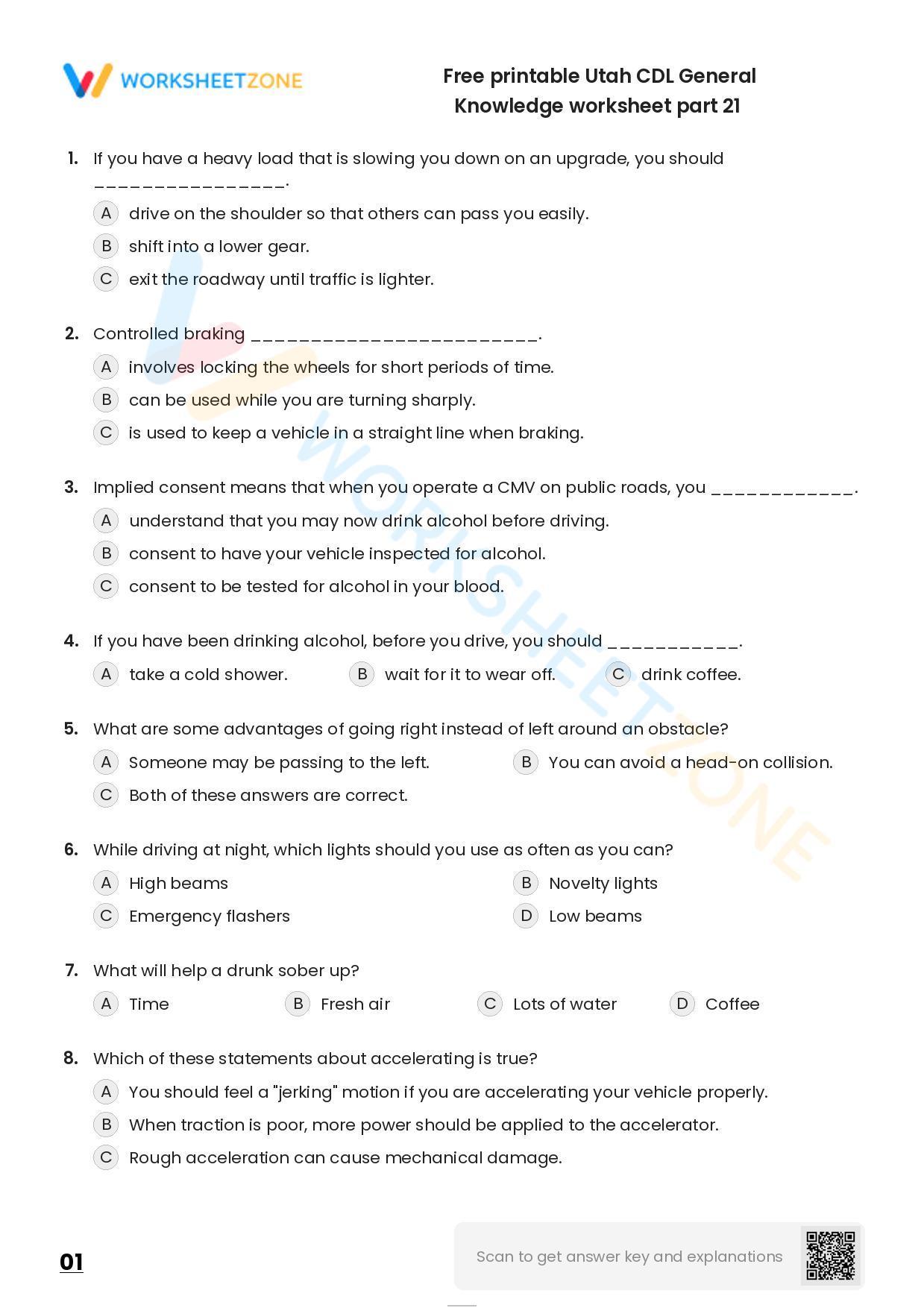 Free Printable Utah CDL General Knowledge Worksheet Part 21