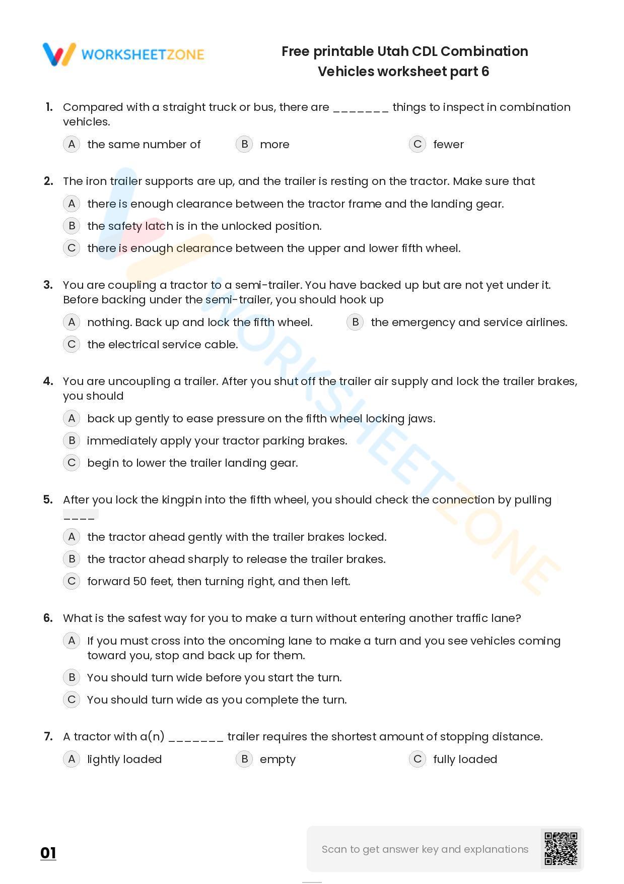 Free Printable Utah CDL Combination Vehicles Worksheet Part 6