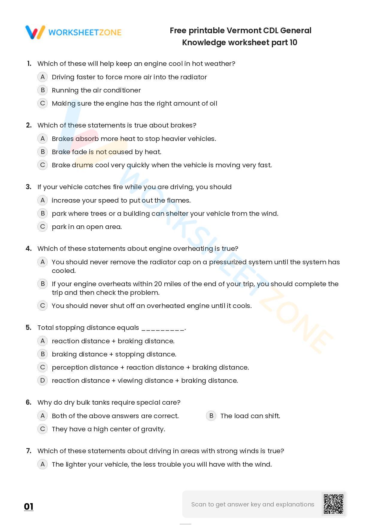 Free Printable Vermont CDL General Knowledge Worksheet Part 10