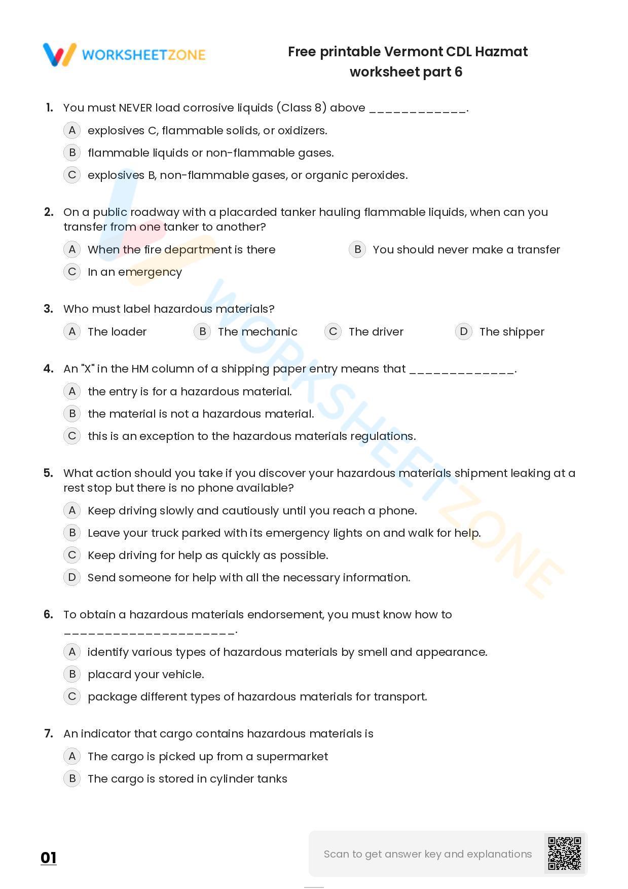 Free Printable Vermont CDL Hazmat Worksheet Part 6