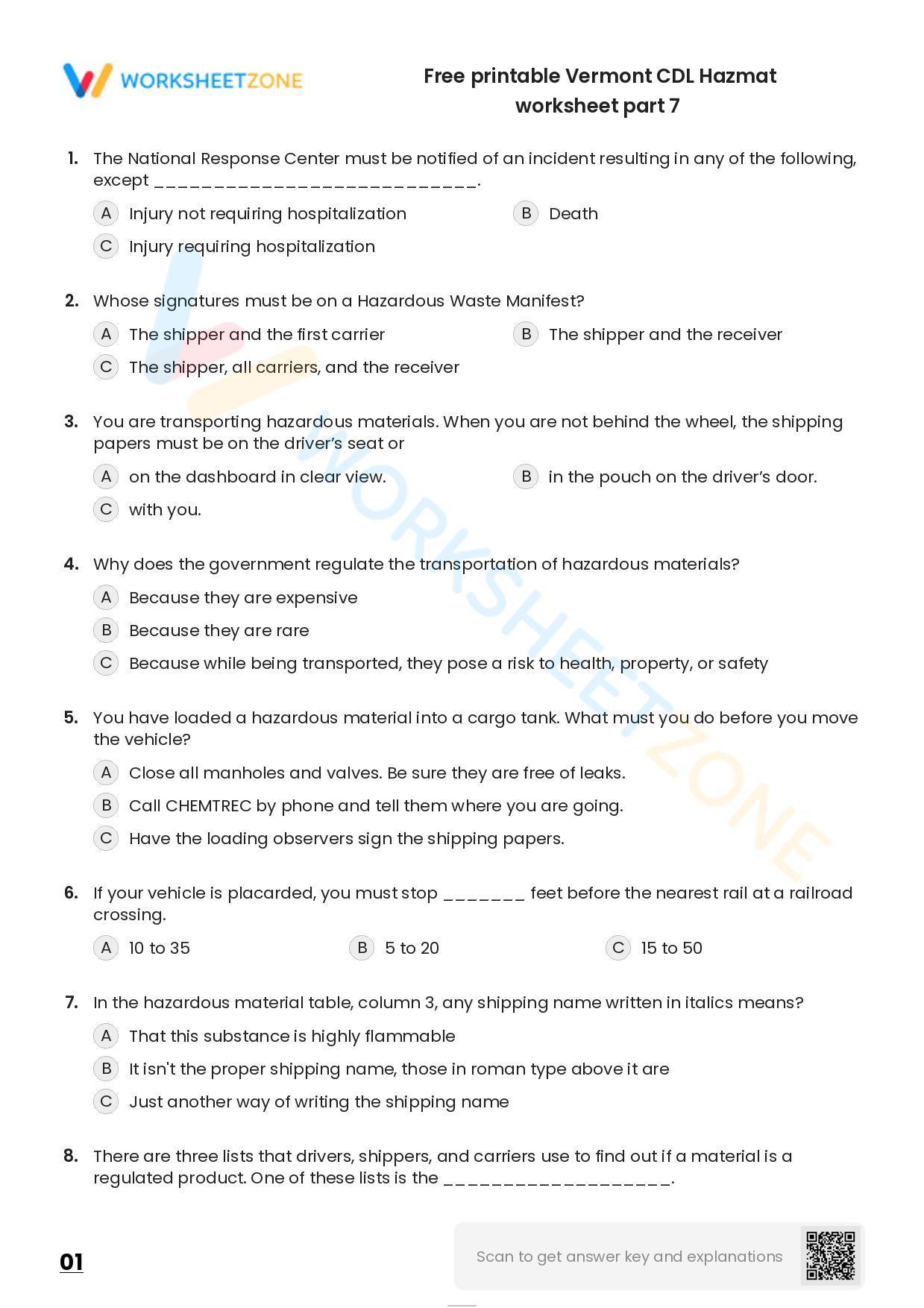 Free Printable Vermont CDL Hazmat Worksheet Part 7
