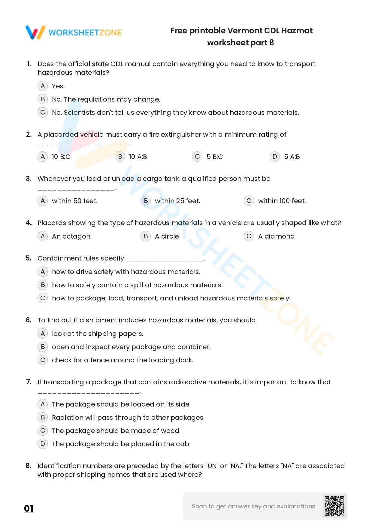 Free Printable Vermont CDL Hazmat Worksheet Part 8