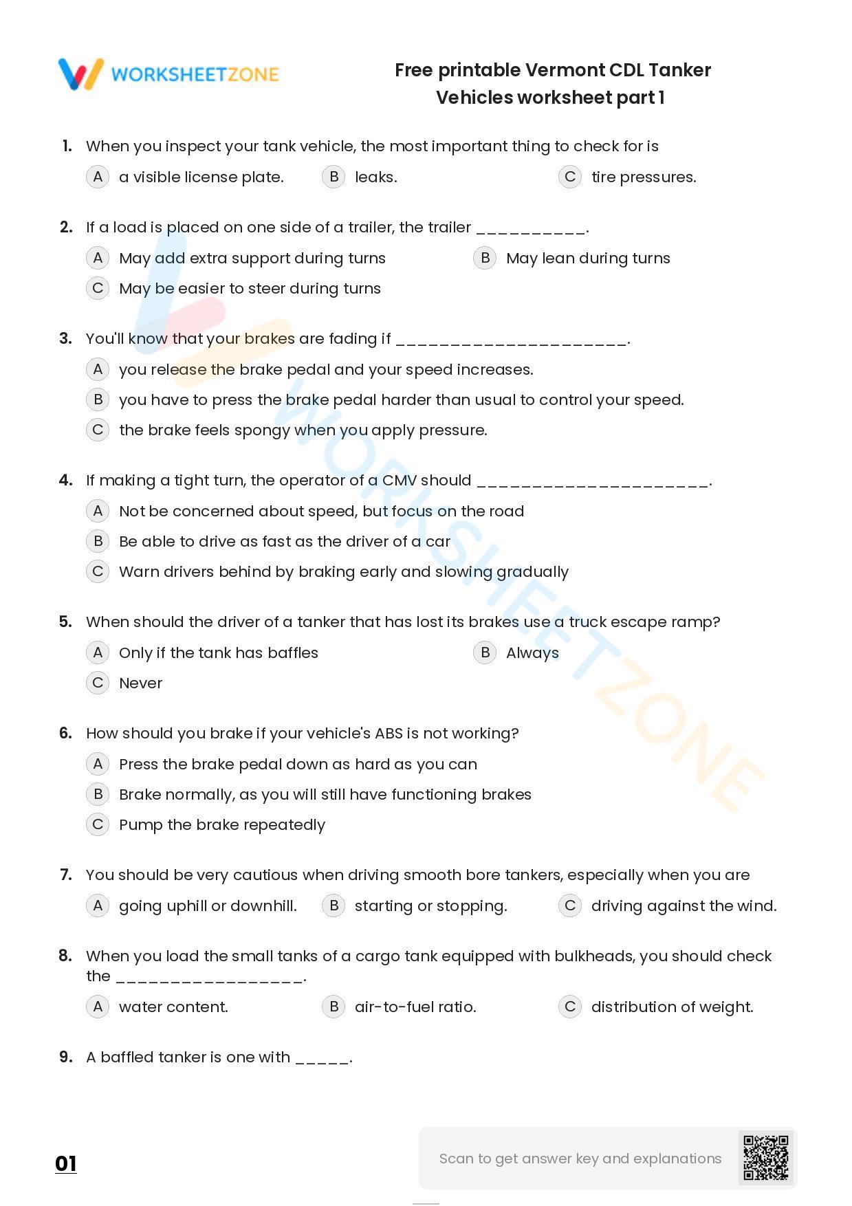 Free Printable Vermont CDL Tanker Vehicles Worksheet Part 1