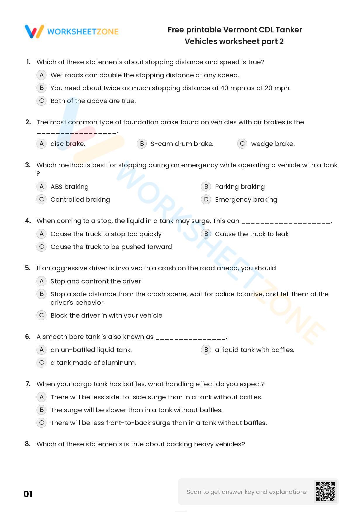 Free Printable Vermont CDL Tanker Vehicles Worksheet Part 2
