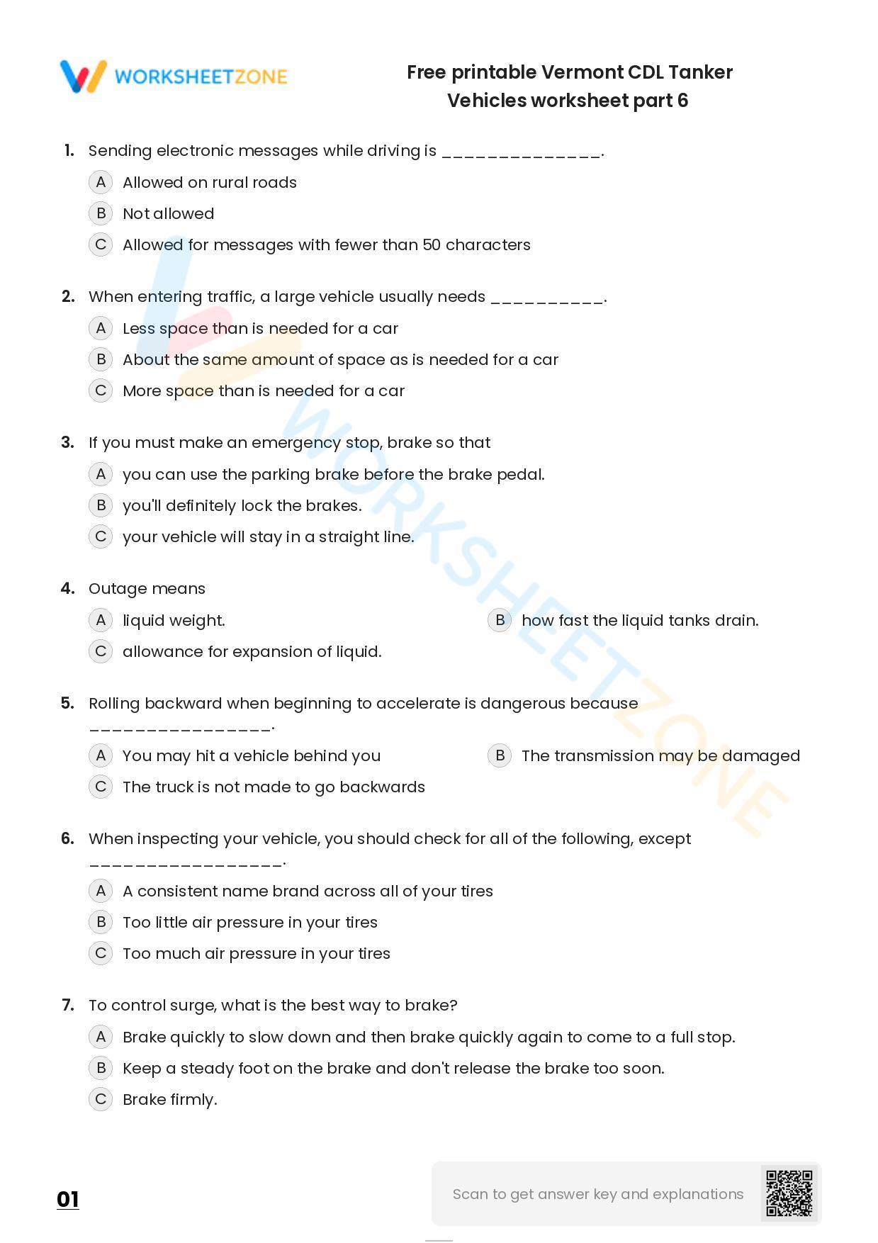 Free Printable Vermont CDL Tanker Vehicles Worksheet Part 6