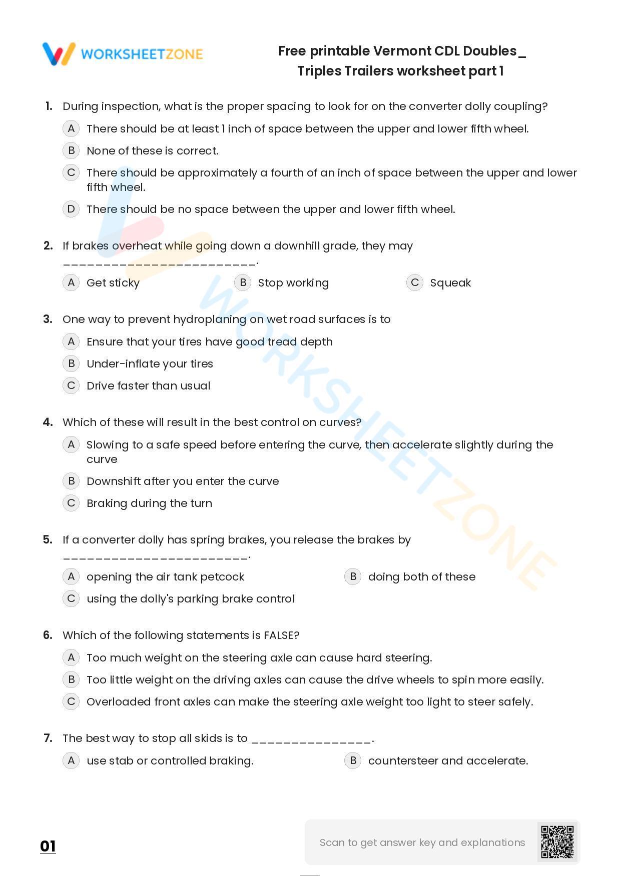 Free Printable Vermont CDL Doubles/ Triples Trailers Worksheet Part 1
