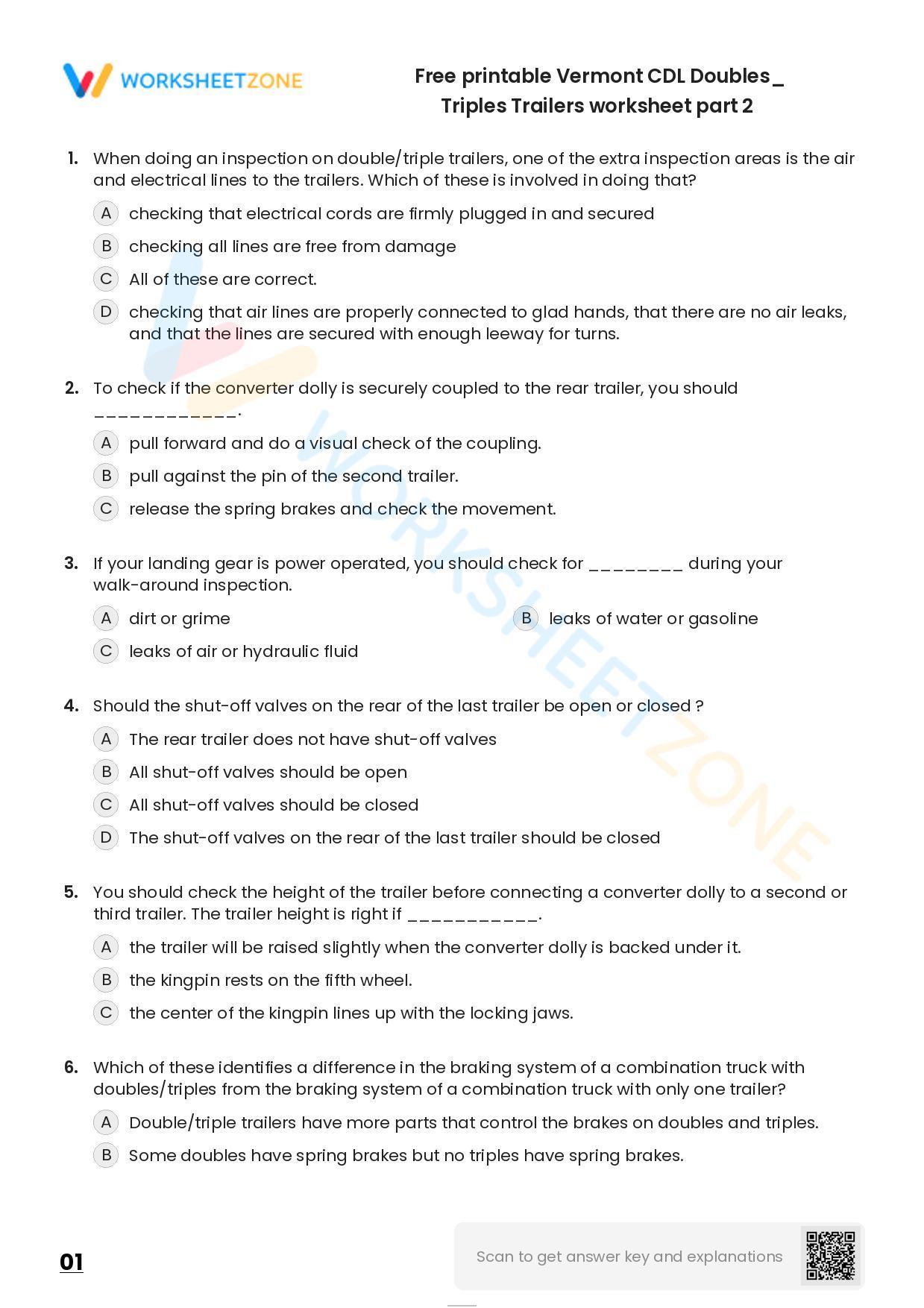 Free Printable Vermont CDL Doubles/ Triples Trailers Worksheet Part 2
