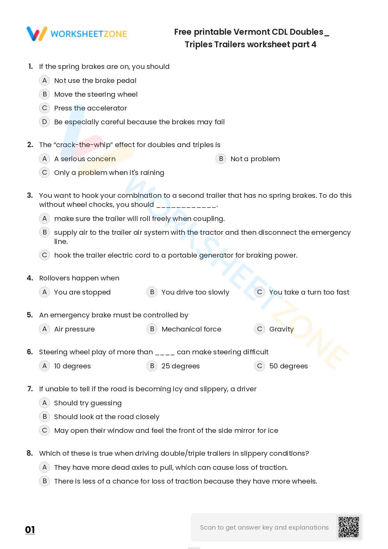 Free Printable Vermont CDL Doubles/ Triples Trailers Worksheet Part 4