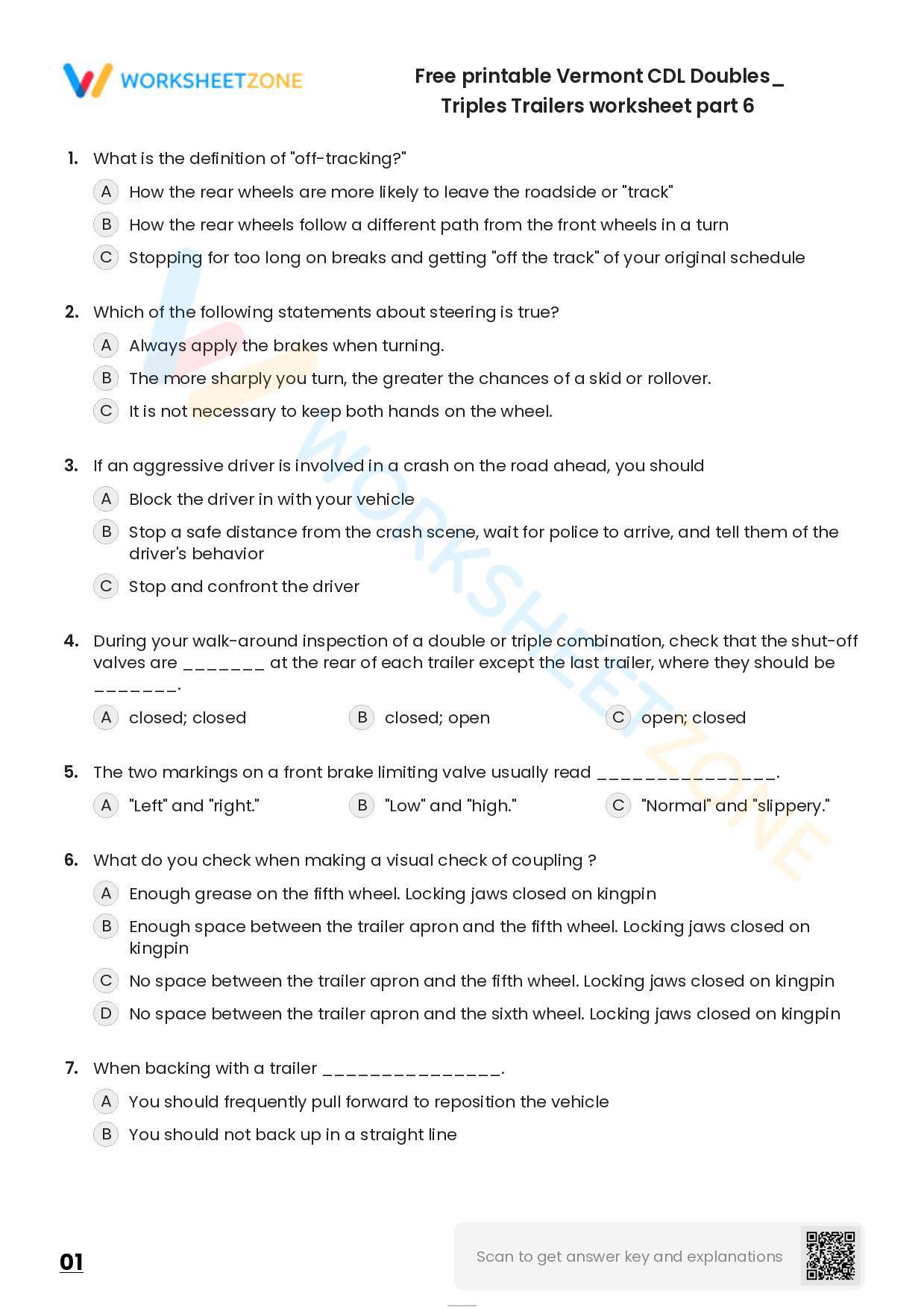 Free Printable Vermont CDL Doubles/ Triples Trailers Worksheet Part 6