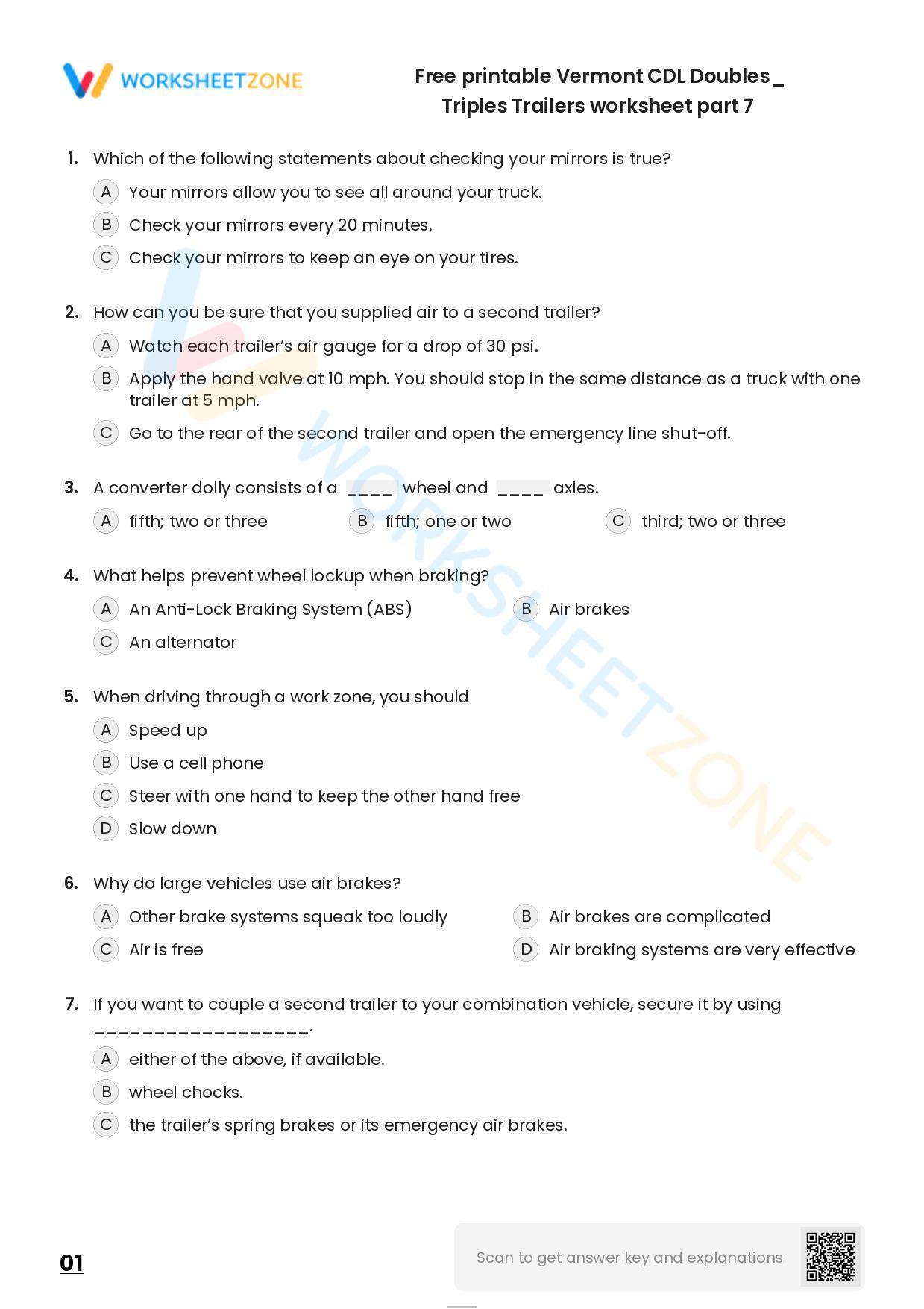 Free Printable Vermont CDL Doubles/ Triples Trailers Worksheet Part 7