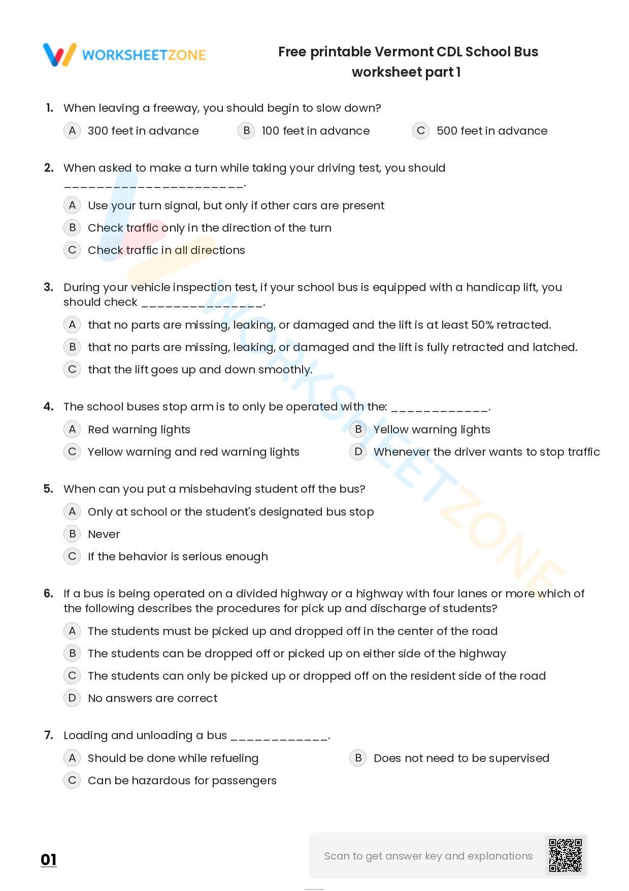 Free Printable Vermont CDL School Bus Worksheet Part 1