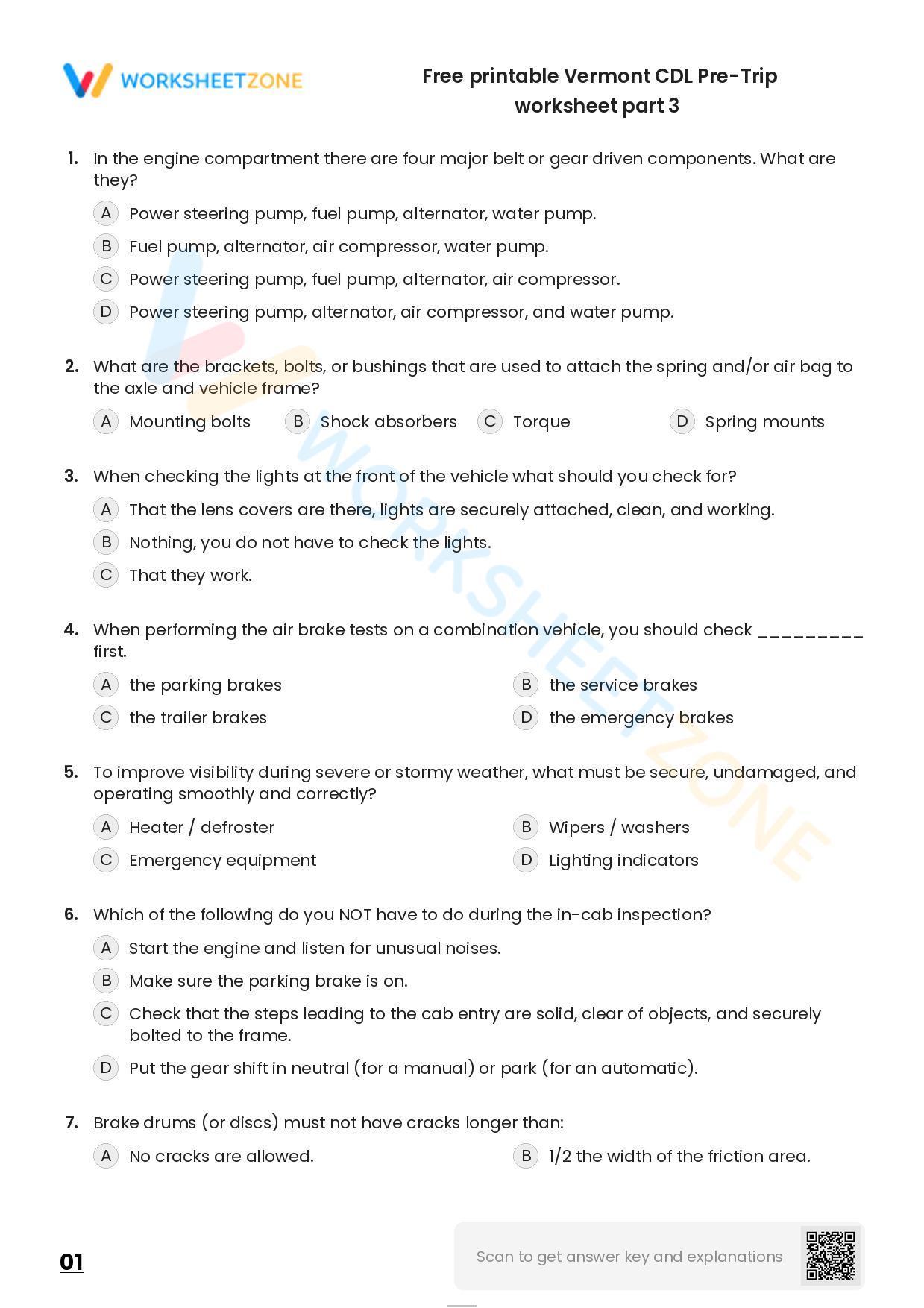 Free printable Vermont CDL Pre-Trip worksheet part 2 | Worksheet Zone