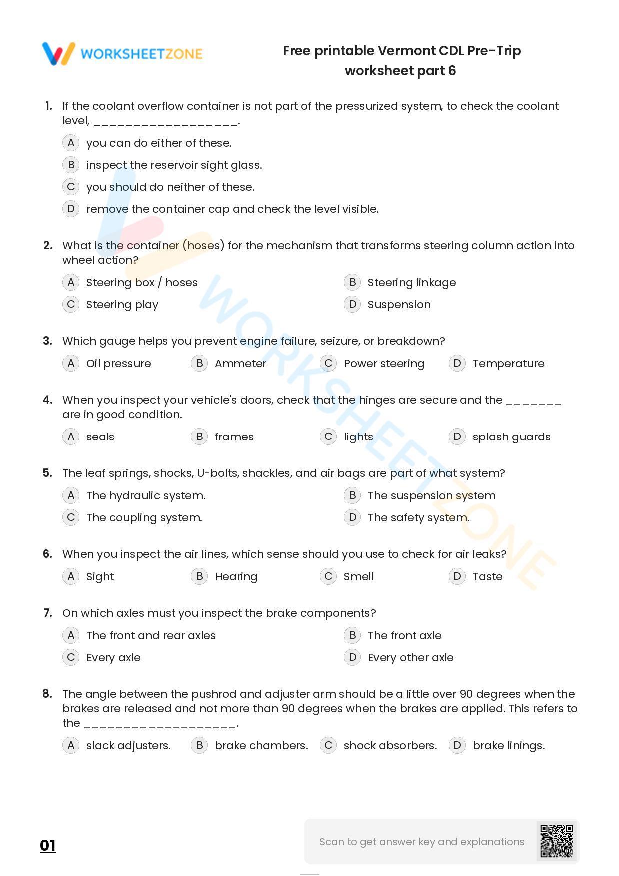 Free printable Vermont CDL Pre-Trip worksheet part 2 | Worksheet Zone