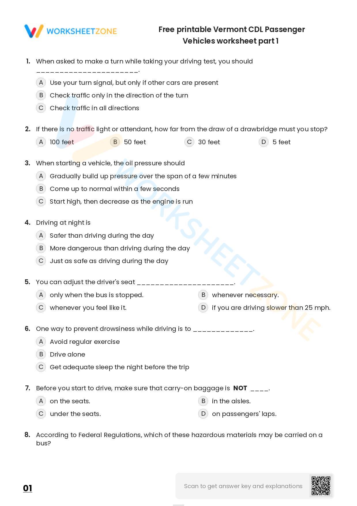 Free Printable Vermont CDL Passenger Vehicles Worksheet Part 1
