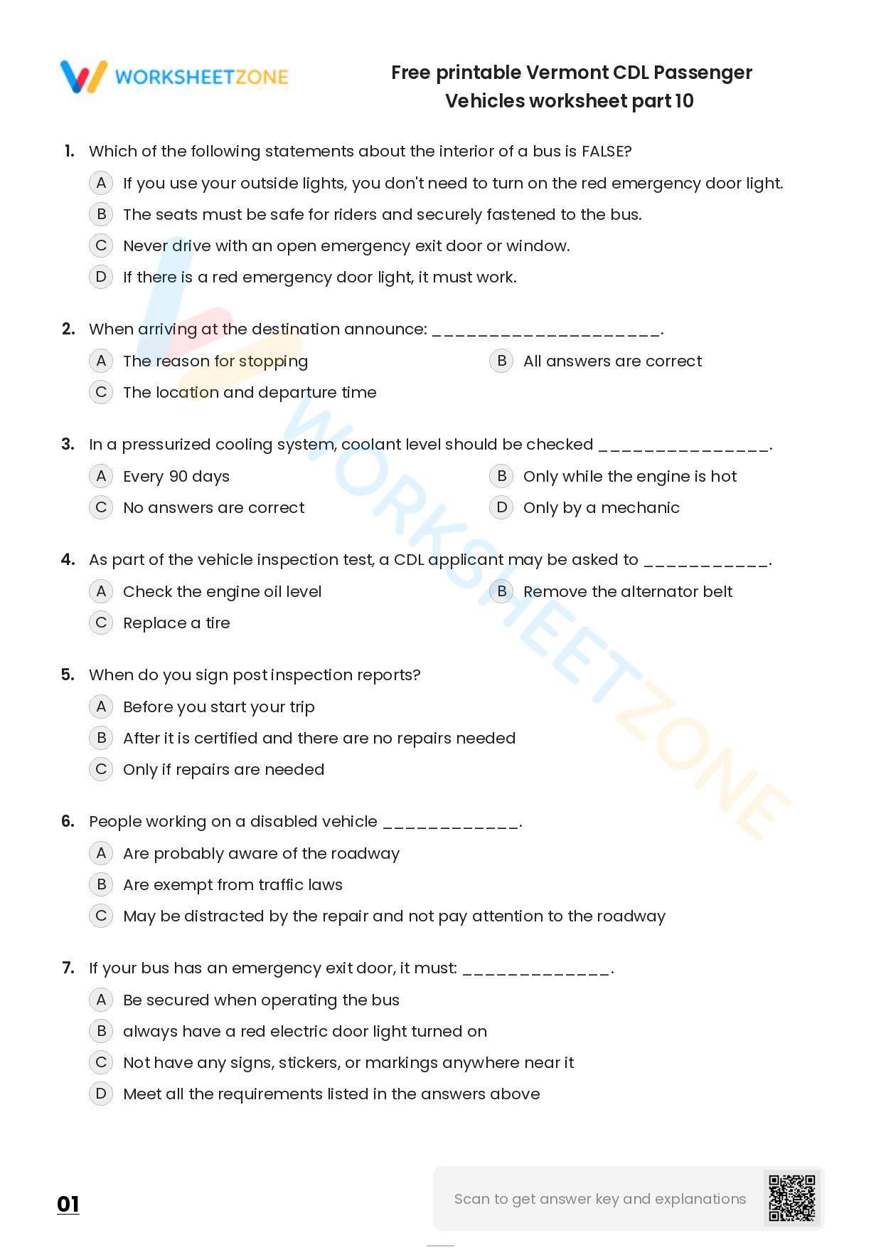 Free Printable Vermont CDL Passenger Vehicles Worksheet Part 10