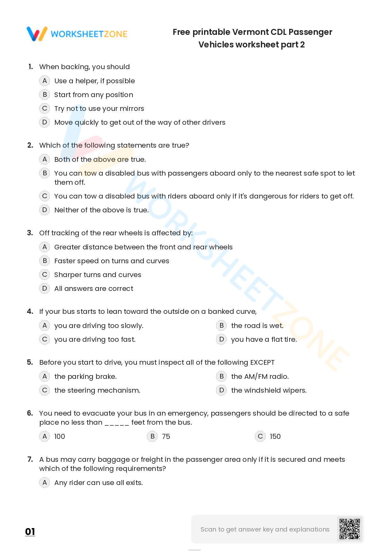 Free Printable Vermont CDL Passenger Vehicles Worksheet Part 2