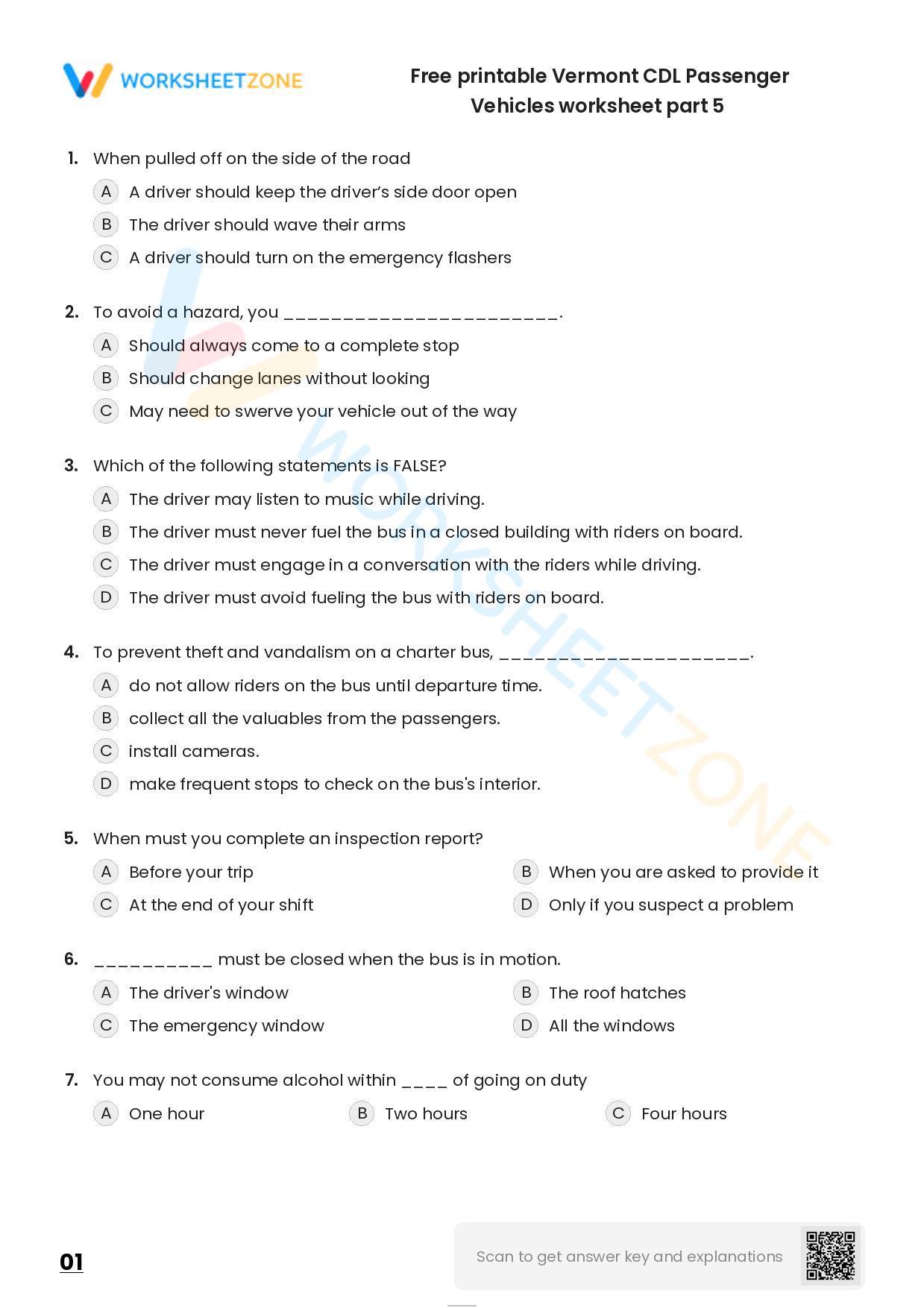 Free Printable Vermont CDL Passenger Vehicles Worksheet Part 5