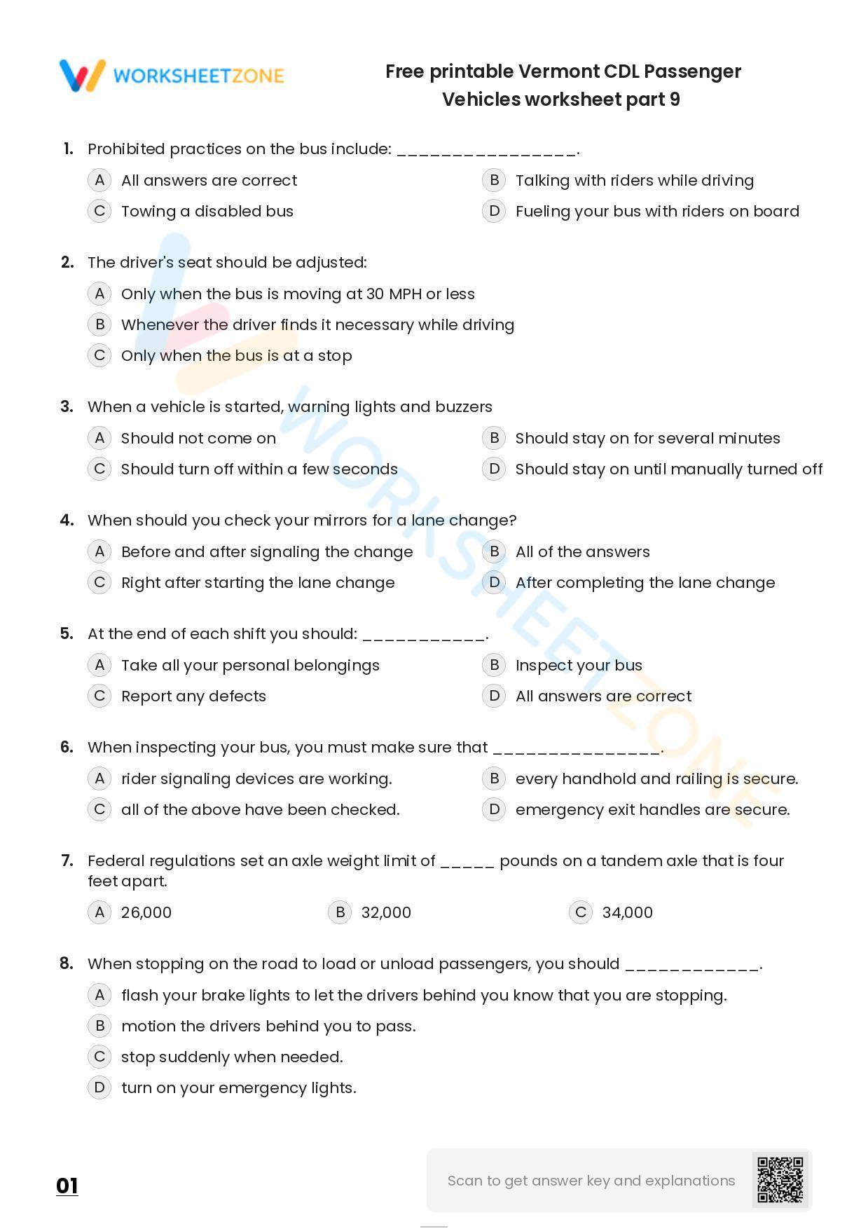 Free Printable Vermont CDL Passenger Vehicles Worksheet Part 9