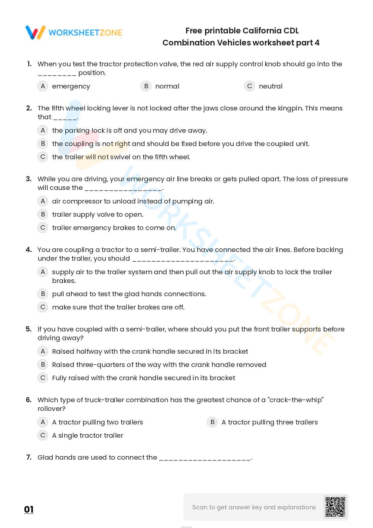 Free Printable California CDL Combination Vehicles Worksheet Part 4