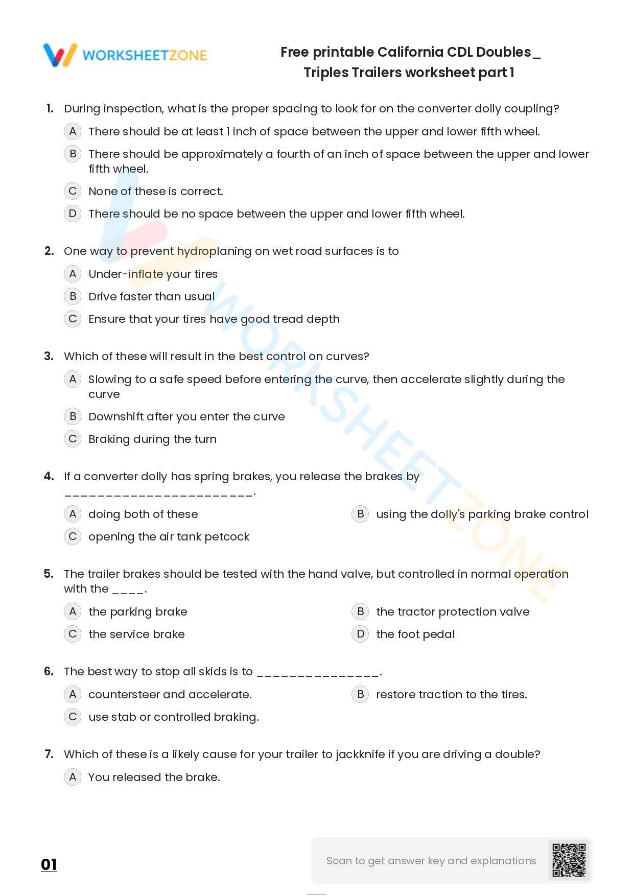 Free Printable California CDL Doubles/ Triples Trailers Worksheet Part 1