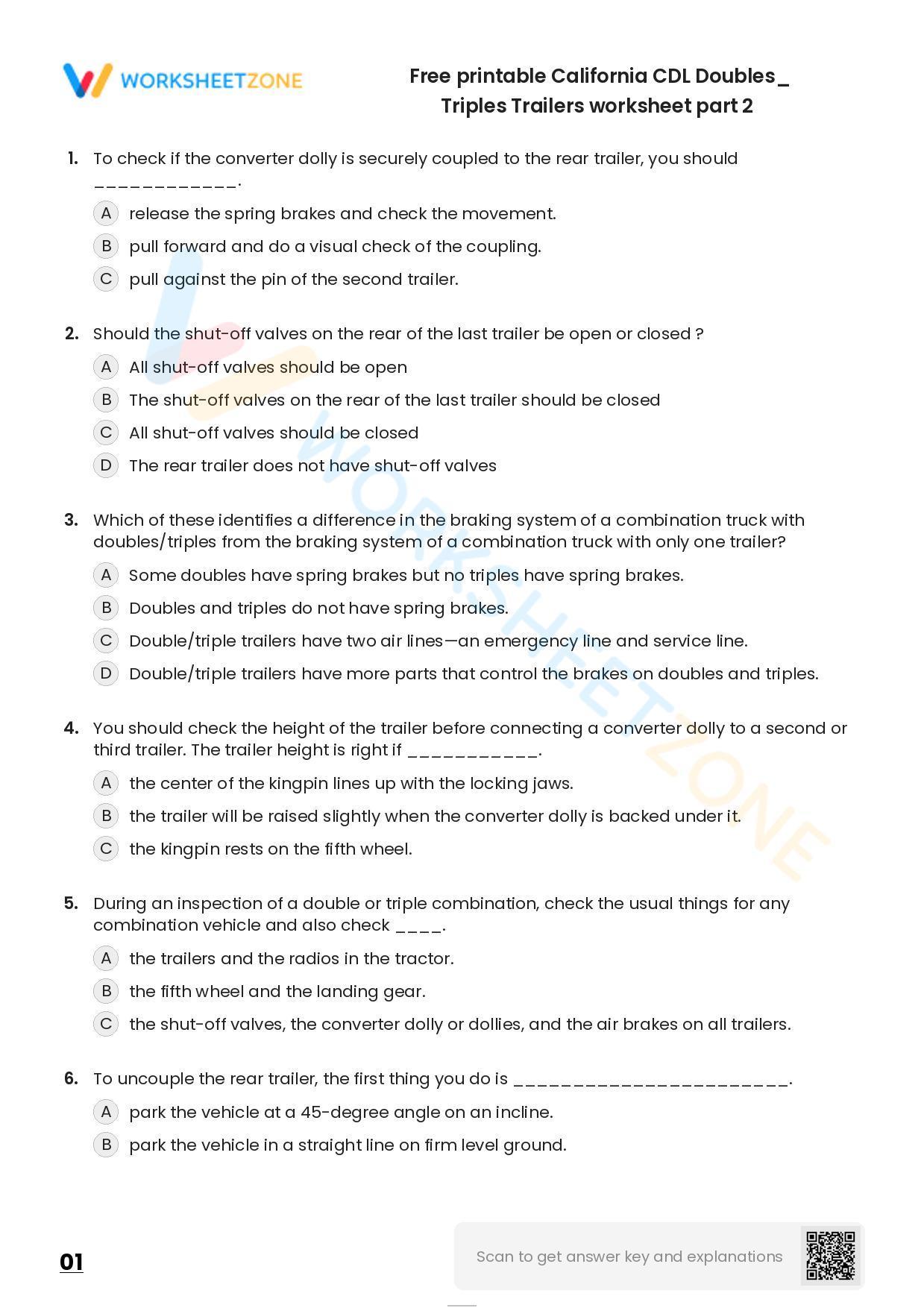 Free Printable California CDL Doubles/ Triples Trailers Worksheet Part 2