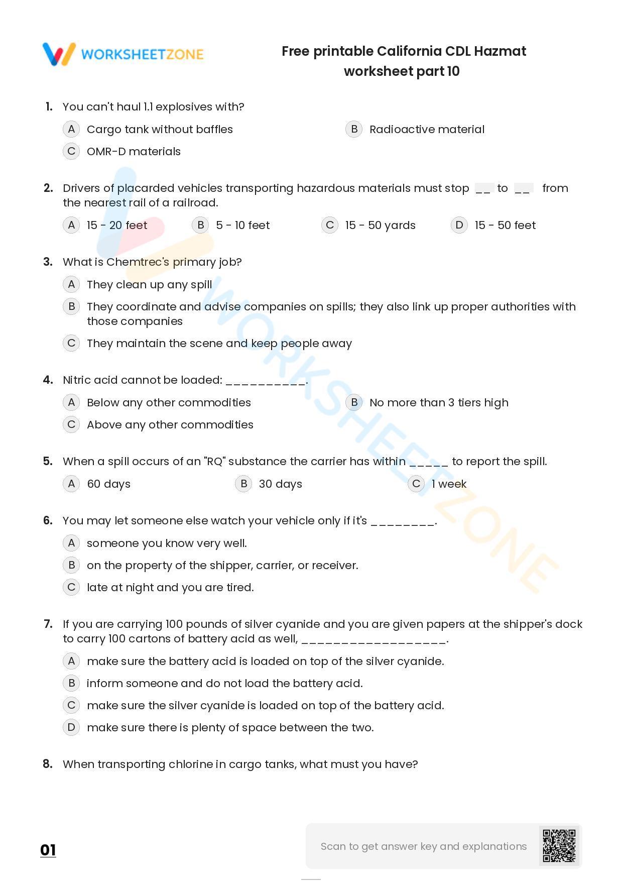 Free Printable California CDL Hazmat Worksheet Part 10