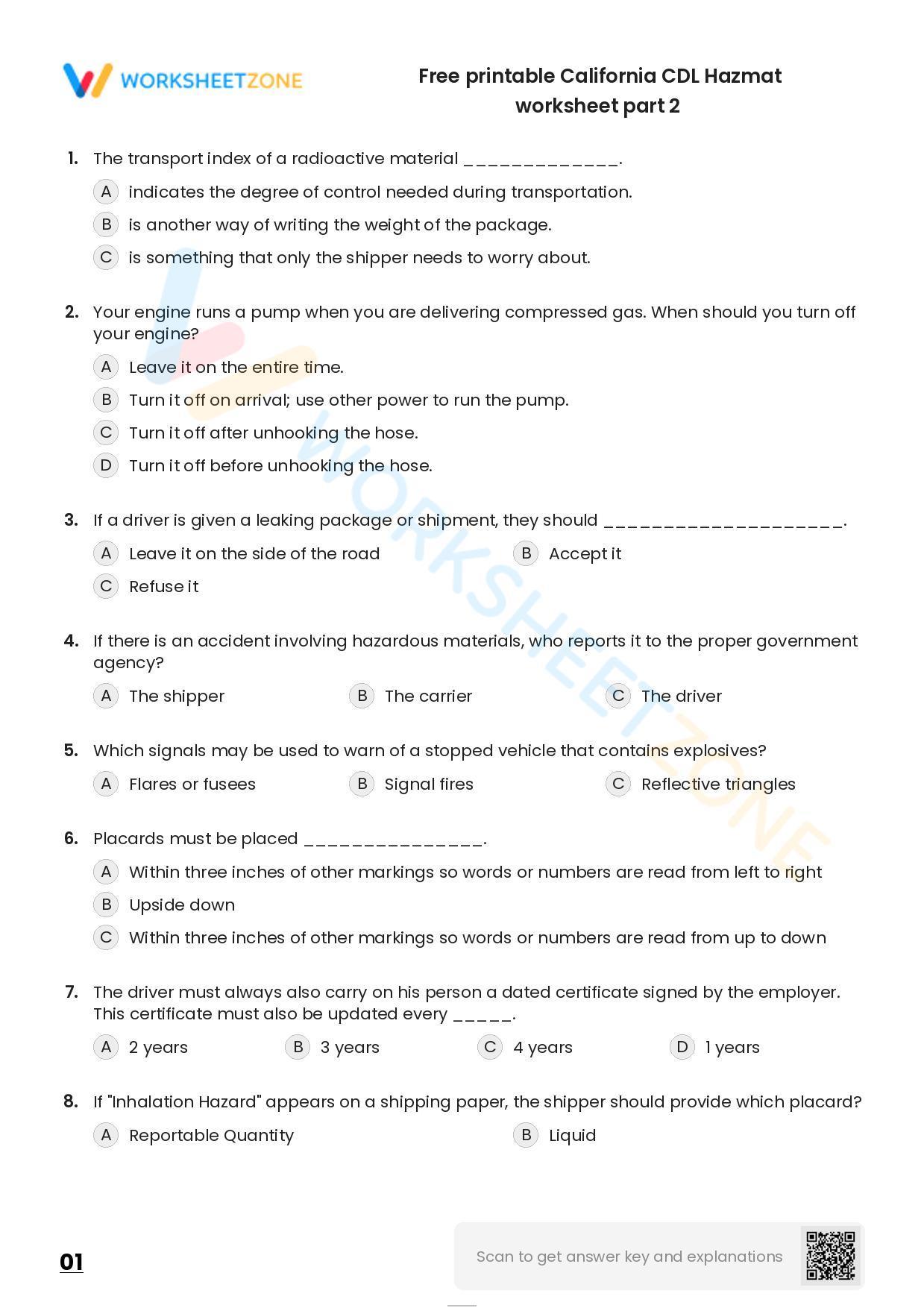 Free Printable California CDL Hazmat Worksheet Part 2