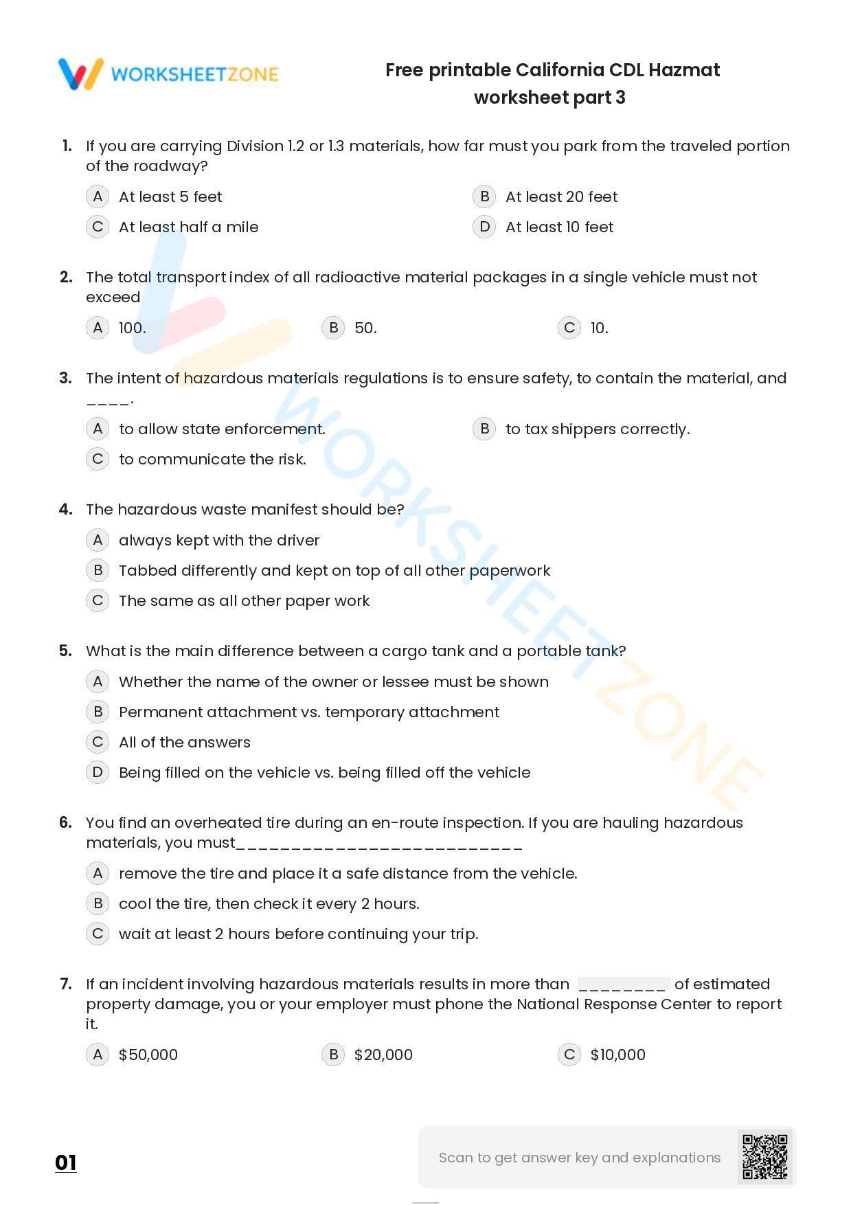 Free Printable California CDL Hazmat Worksheet Part 3