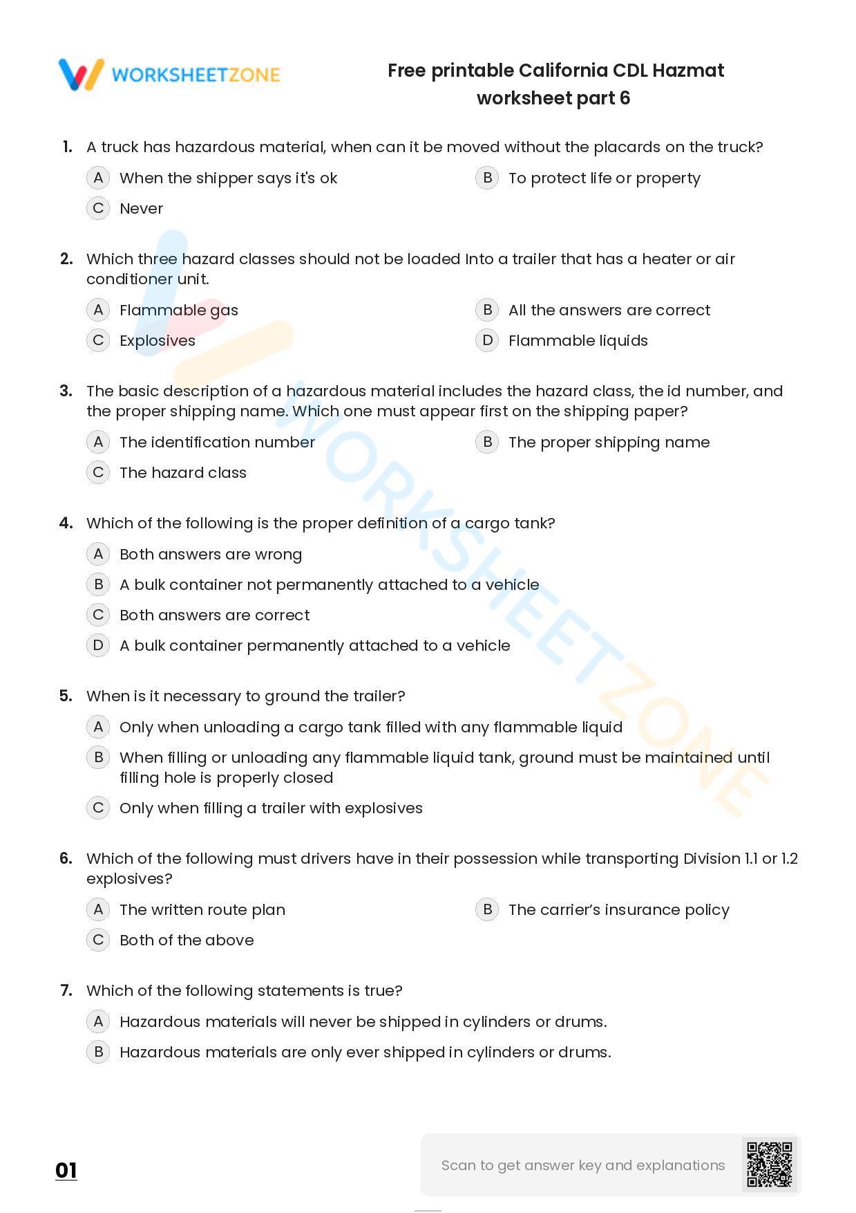 Free Printable California CDL Hazmat Worksheet Part 6