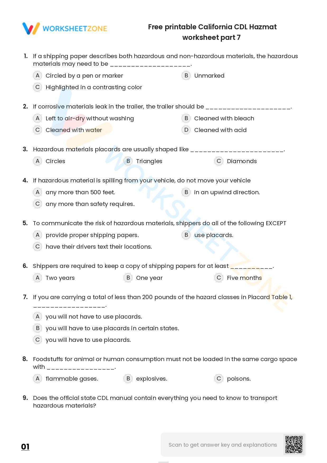 Free Printable California CDL Hazmat Worksheet Part 7