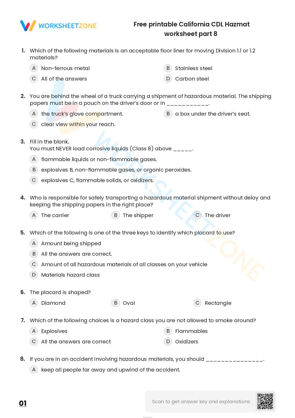 Free Printable California CDL Hazmat Worksheet Part 8