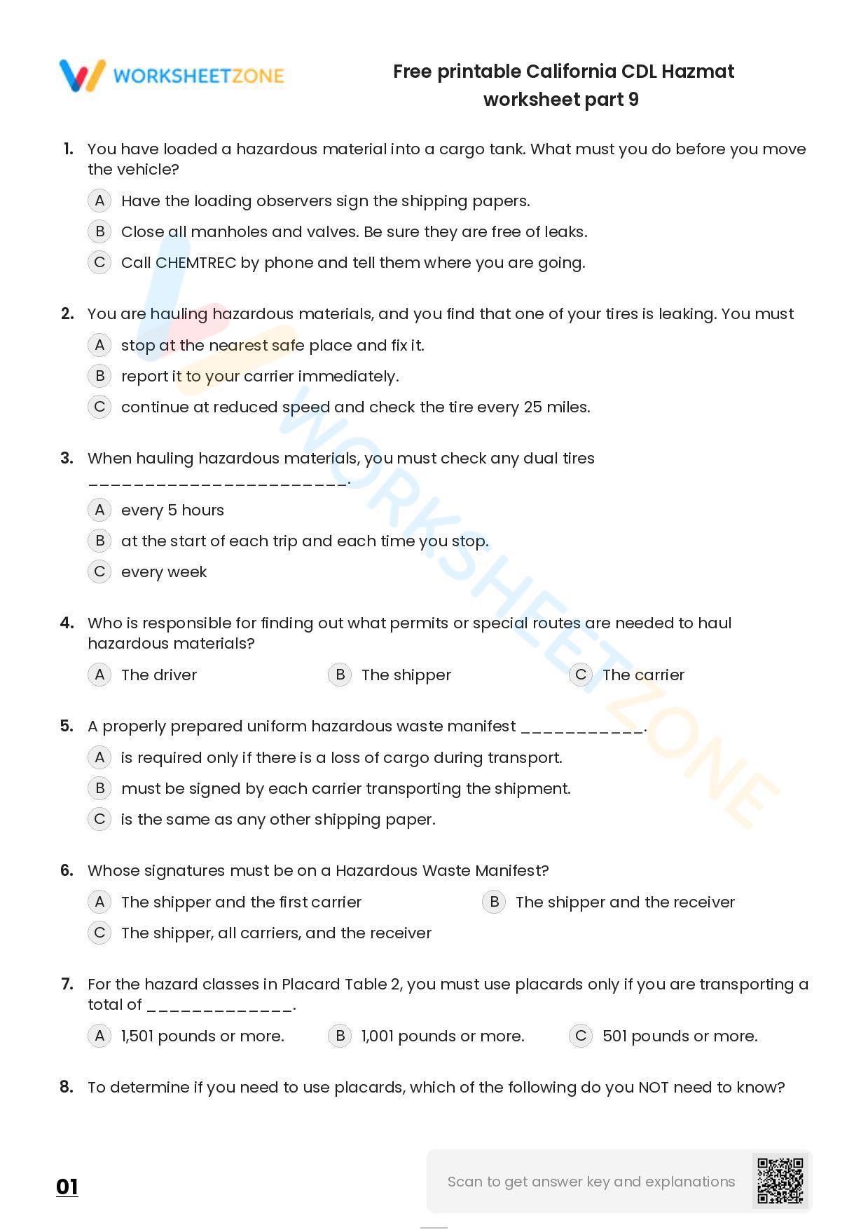 Free Printable California CDL Hazmat Worksheet Part 9
