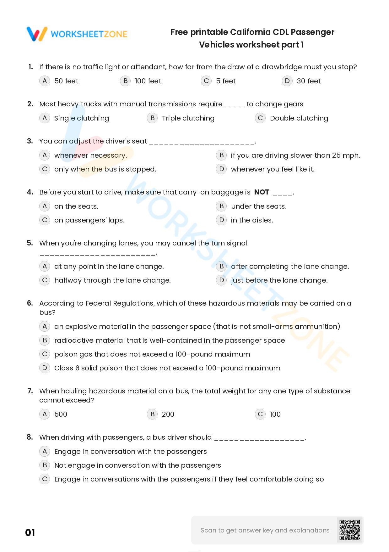 Free Printable California CDL Passenger Vehicles Worksheet Part 1