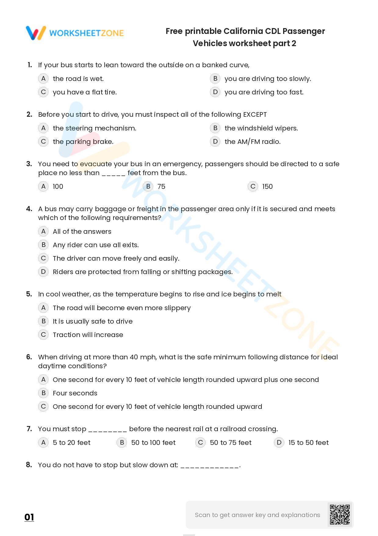 Free Printable California CDL Passenger Vehicles Worksheet Part 2