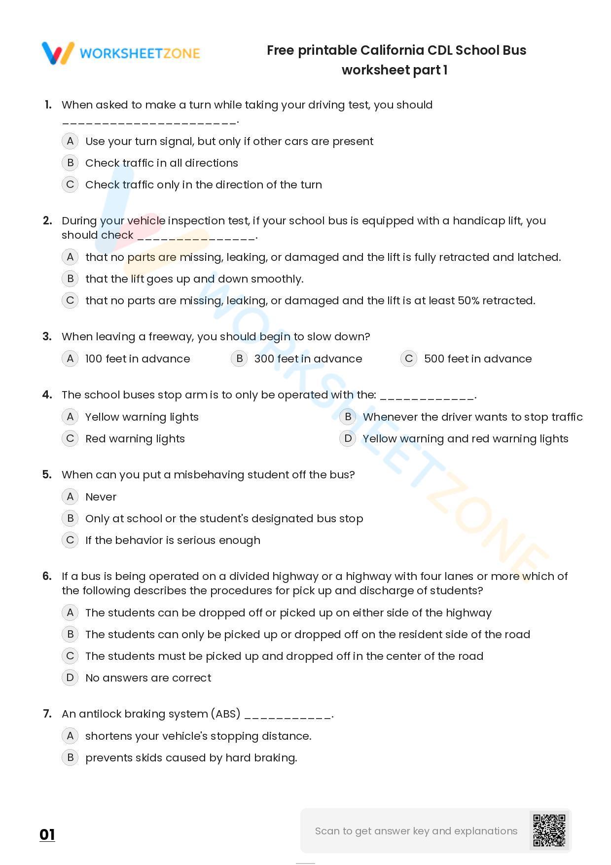 Free printable California CDL School Bus worksheet part 3 | Worksheet Zone