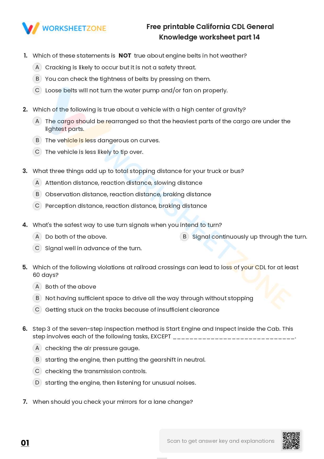 Free Printable California CDL General Knowledge Worksheet Part 14