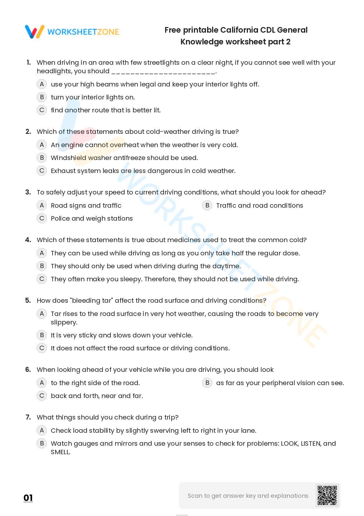 Free Printable California CDL General Knowledge Worksheet Part 2