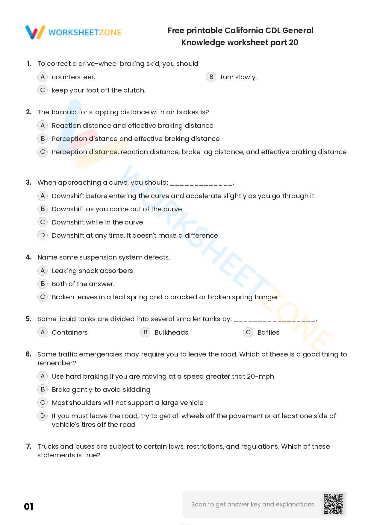 Free Printable California CDL General Knowledge Worksheet Part 20