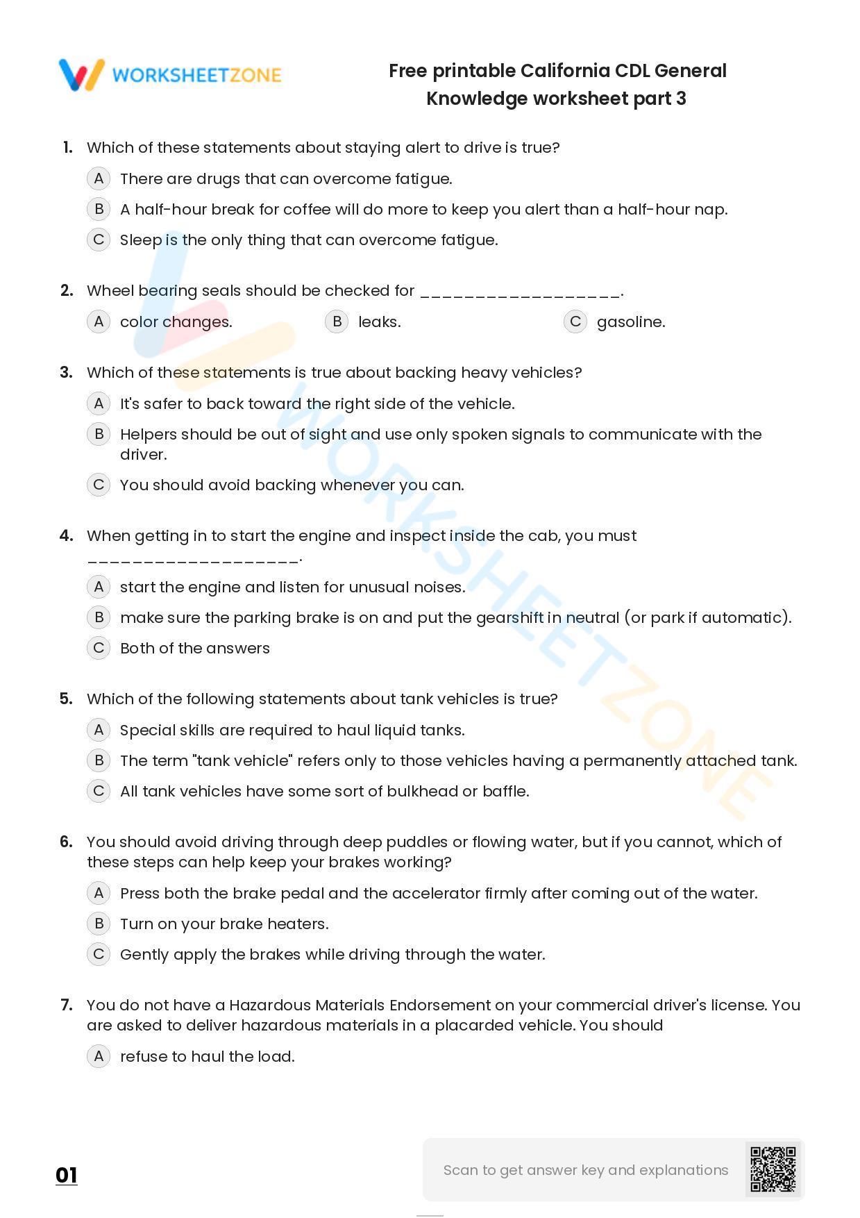 Free Printable California CDL General Knowledge Worksheet Part 3